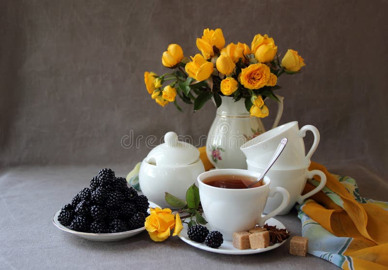 Still Life with Tea Service Stock Photo - Image of roses, ripe: 57326038