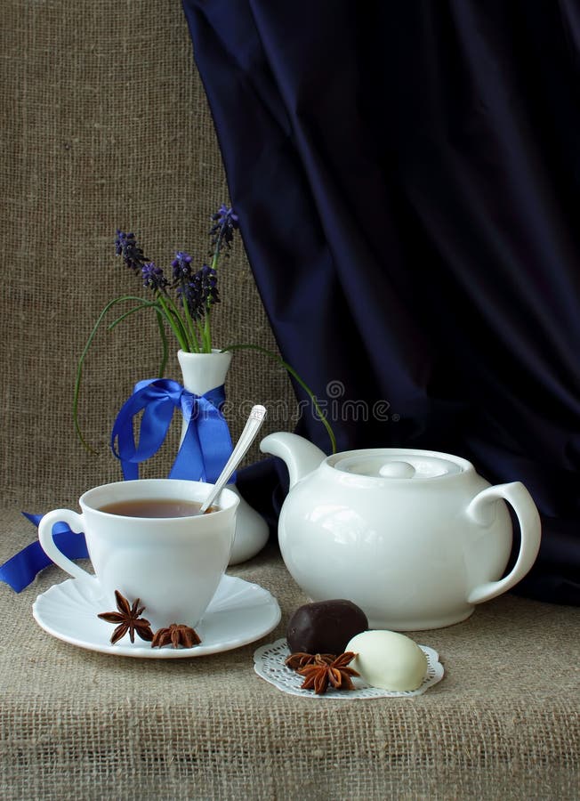Still Life with Tea Service and Spring Flowers Stock Image - Image of ...