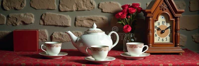 Still Life with Tea Set, Clock, Roses, and Clock on a Brick Wall ...