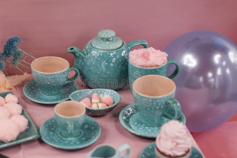 Still Life. Tea Set in Pink and Blue with Sweets Stock Image - Image of ...