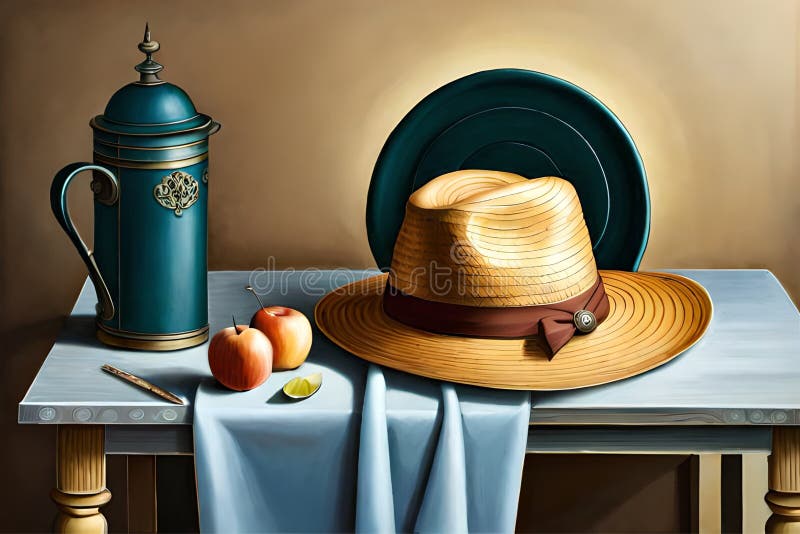 Still Life, Teapot, Apples and Hat on the Table Stock Illustration ...