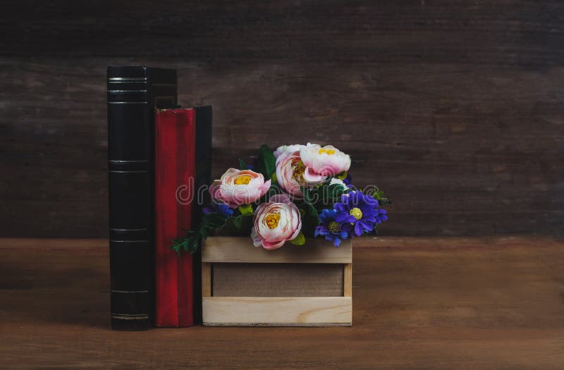 Still Life Text Book with Flower Bouquet on Wood Table Background Stock ...