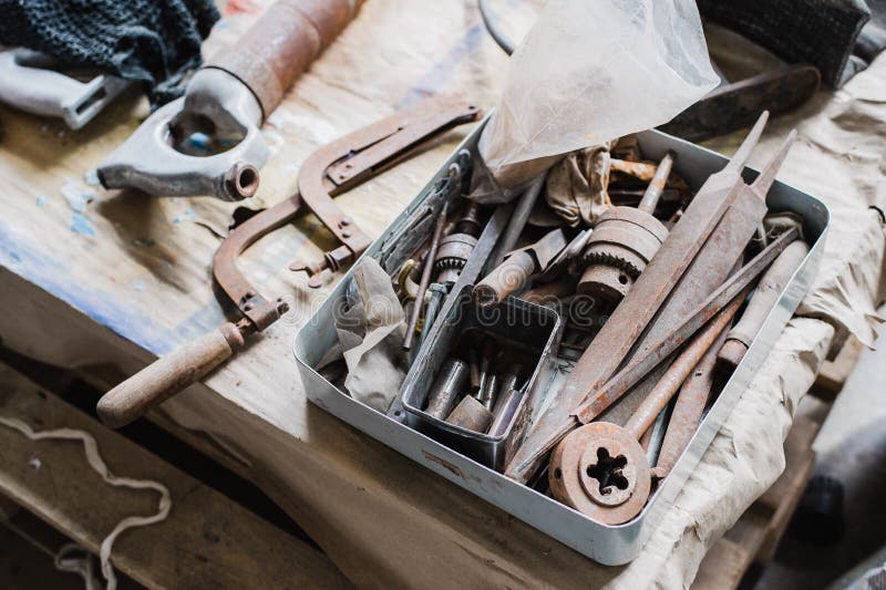Still Life Tool Box with Nails Rasp and Old Tools Stock Photo - Image ...