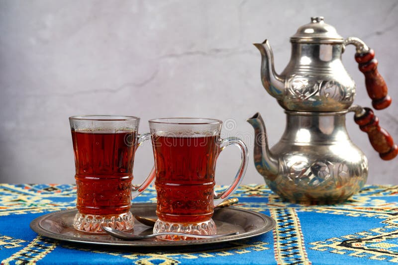 Still Life with Traditional Turkish Tea in Drinking Glasses and Silver ...