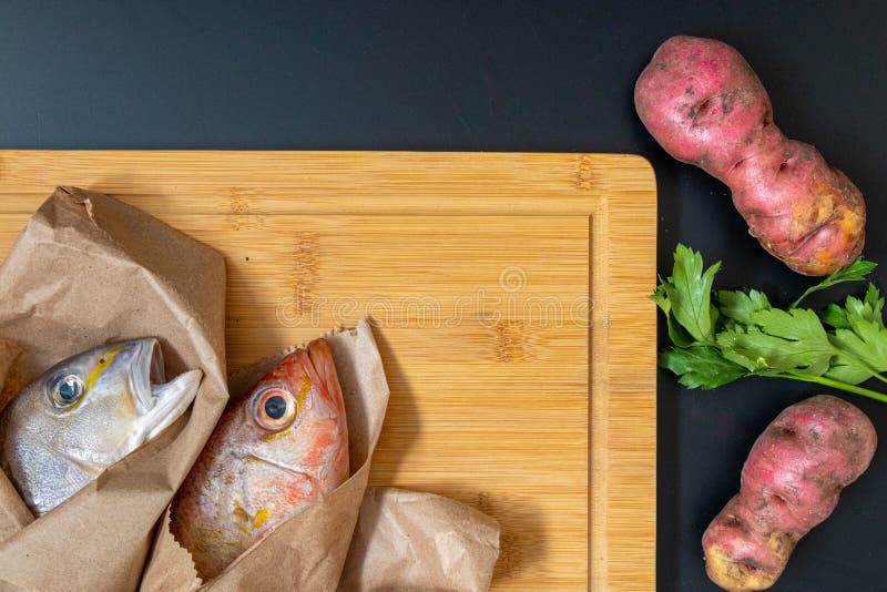 Still Life with Fresh Fish and Ingredients for Cooking Stock Photo ...