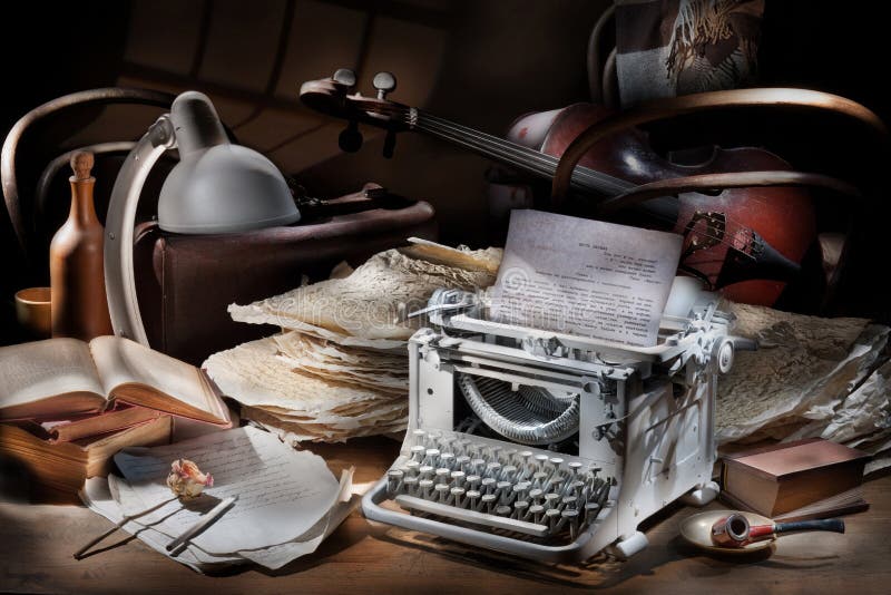 Still Life with Typing Machine and Cello Stock Image - Image of work ...