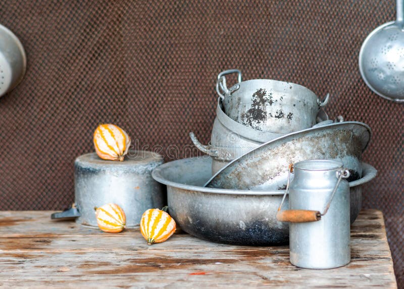 Still Life with Various Old Aluminum Objects, Historical Dishes Stock ...