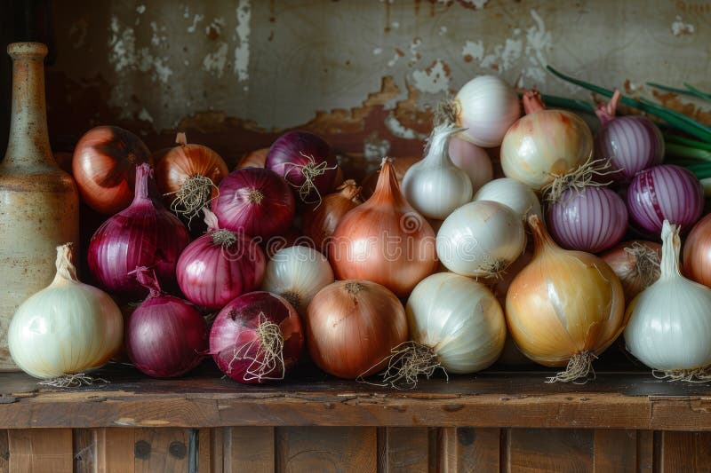 Still Life of Various Types of Onions Including Red, White, and Yellow ...