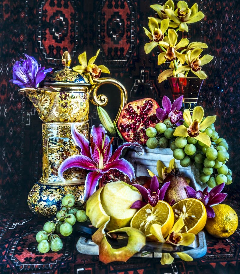 Still Life with Vase Rug and Fruit Stock Image - Image of orchid, fruit ...