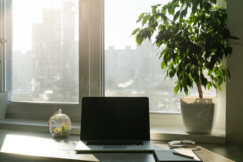 Still Life View of Office Room with Open Laptop Computer on Desk with ...