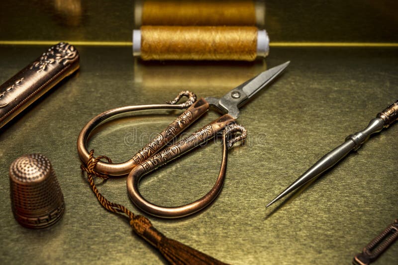 Sewing Still Life with Spools of Colored Threads, Buttons, Metal ...