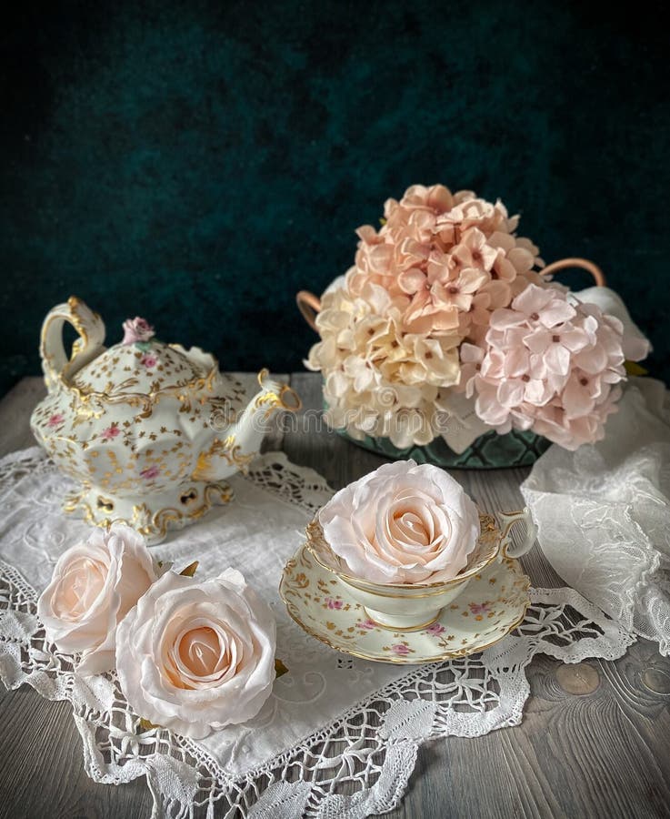 Still Life with Vintage Tea Set and Flowers Stock Image - Image of lace ...