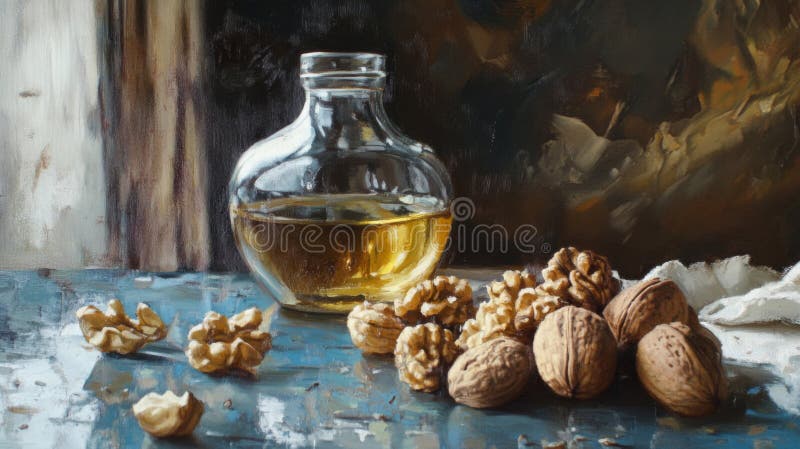 Still Life with Walnuts and Oil in Glass Bottle Stock Illustration ...