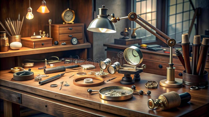 A Still Life of a Watchmakers Workshop Filled with Intricate Tools and ...