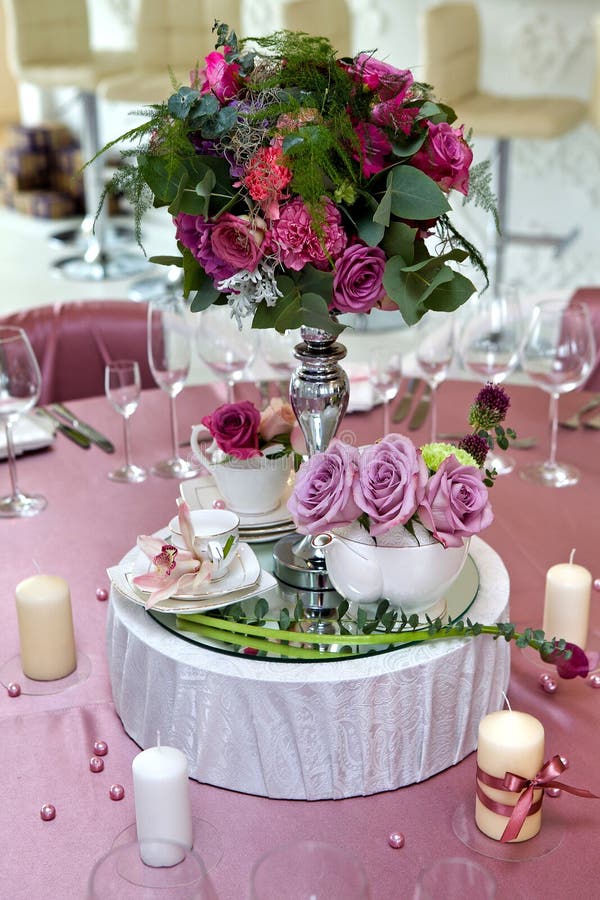 Pink rose table setting stock image. Image of floral, bridal - 168051