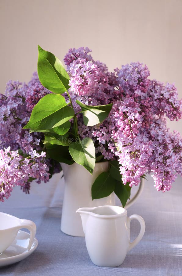 Still Life with White Dishes on the Table and a Bouquet of Lilacs Stock ...
