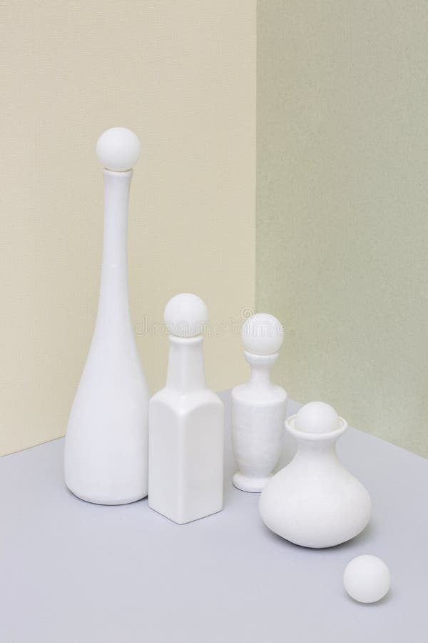 Still Life with White Vases and Balls on a Light Background Stock Image ...