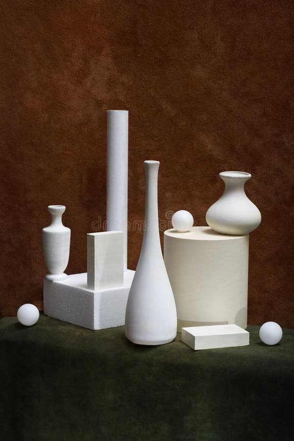 Still Life with White Vases and White Figures Stock Photo - Image of ...