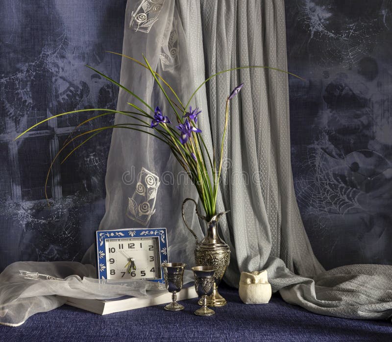 The Still Life with Wild Flowers and a Clock Stock Photo - Image of ...