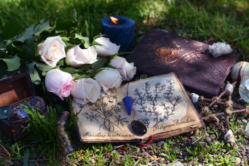 Still Life with Witch Botanical Diary, Magic Book of Spell, Roses and ...
