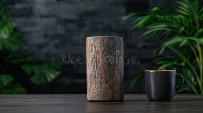 Still Life with a Wooden Vase and a Coffee Mug on a Table. Stock ...