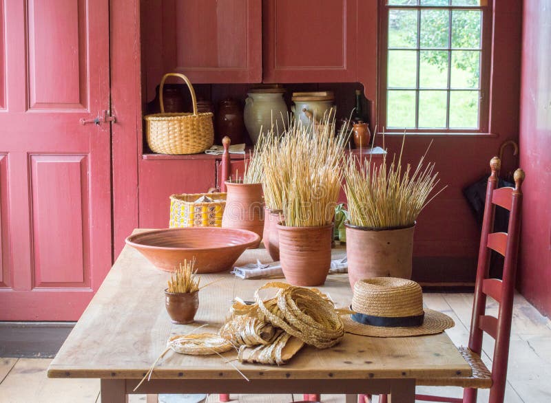 Colonial Hat Makers Workbench with a Hat and Tools Stock Photo - Image ...