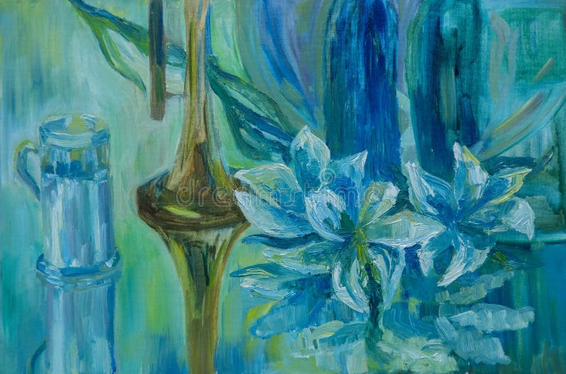 Still Life Written in Oil. Pipe, Mug and Lilies on a Blue Table after a ...