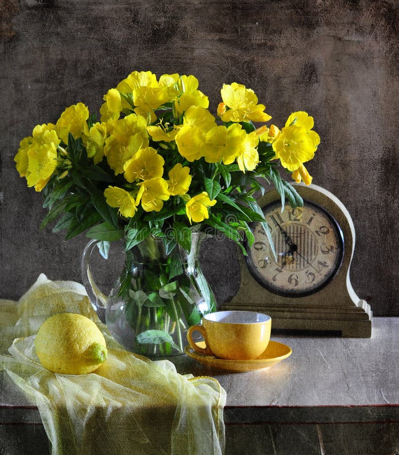 Still Life with Yellow Flowers Stock Photo - Image of saucer, texture ...