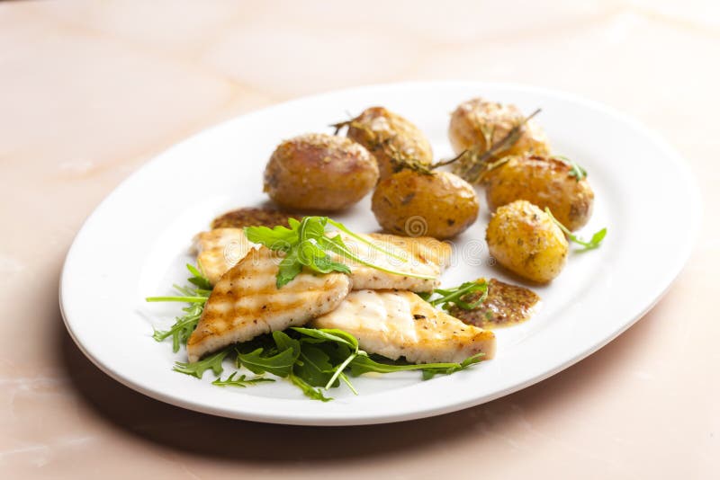 Still Lifegrilled Cod with Potatoes Stock Photo - Image of plate ...