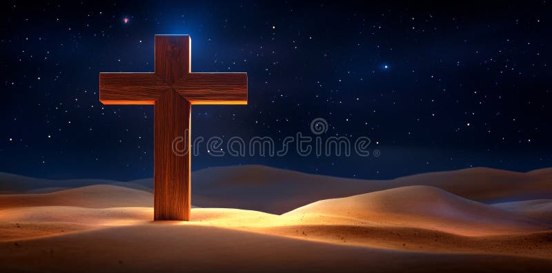 In the Still of Night, a Wooden Cross is Bathed in Starlight within a ...