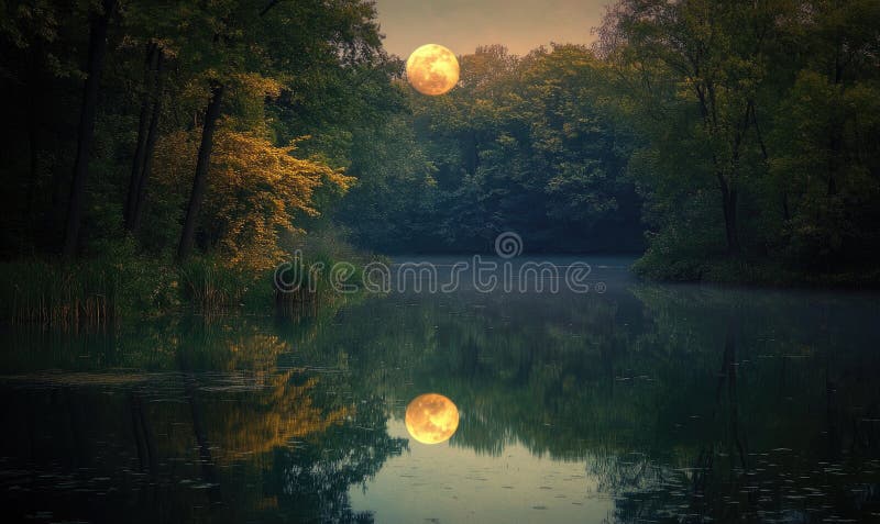 Still Pond Reflecting the Full Moon, Surrounded by Tall Trees Stock ...