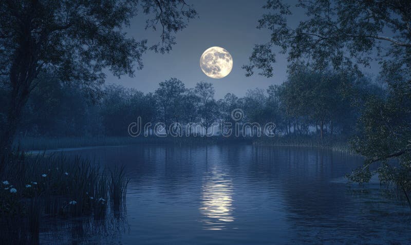 Still Pond Reflecting the Full Moon, Surrounded by Tall Trees Stock ...