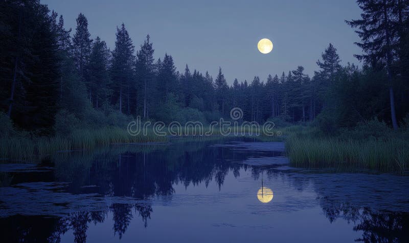 Still Pond Reflecting the Full Moon, Surrounded by Tall Trees Stock ...