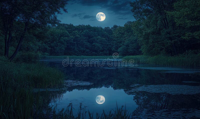 Still Pond Reflecting the Full Moon, Surrounded by Tall Trees Stock ...