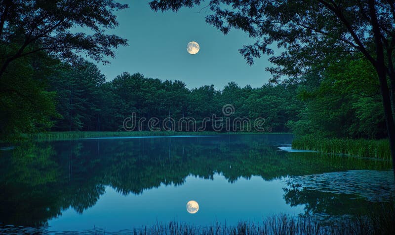 Still Pond Reflecting the Full Moon, Surrounded by Tall Trees Stock ...