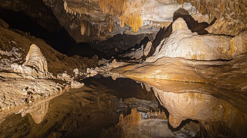 A Still Pool of Water Reflects the Rock Formations of a Cave, Creating ...