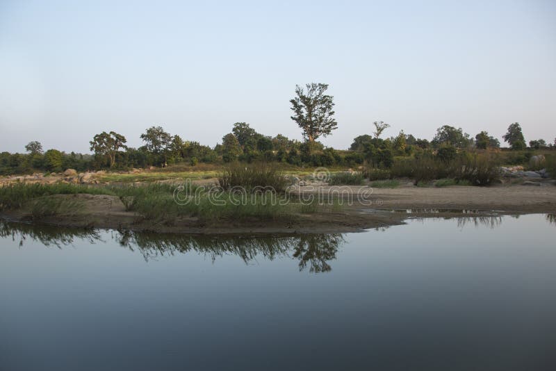 Still River with Glass Reflections of Sky and Jungle Stock Image ...