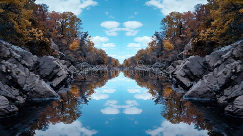 A Still River Reflects the Blue Sky and White Clouds, Creating a ...