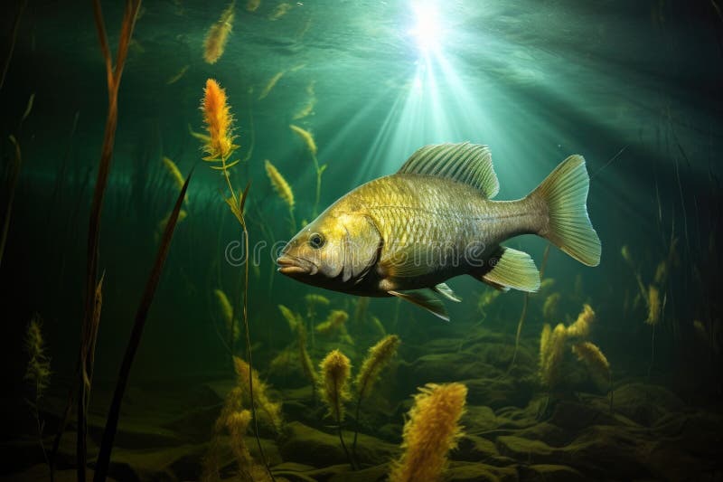 A Still Shot of a Sunfish Gliding through a Forest of Lake Weeds Stock ...