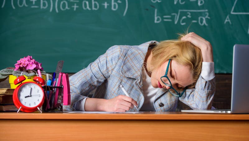 Still Working. Work Far Beyond Actual School Day. Teacher Tired Face ...