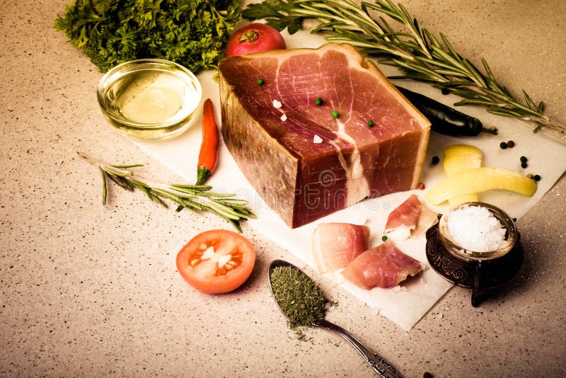 Stillife with a Piece of Jamon on Marble Table Stock Image - Image of ...