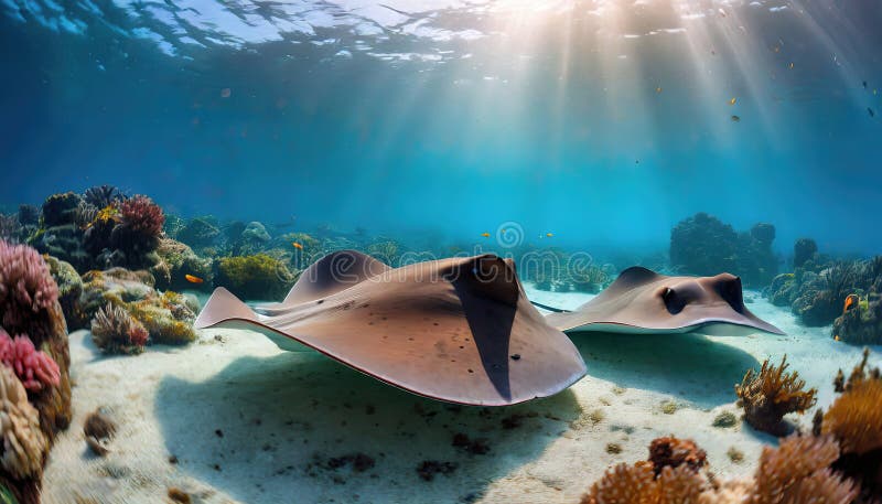 Stingrays Glide Gracefully Across the Ocean Floor, Surrounded by Coral ...