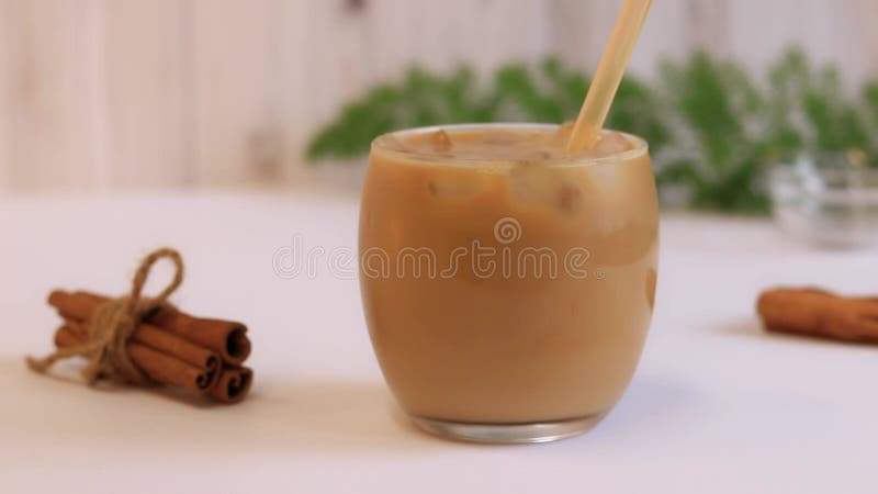 Stir the Finished Coffee with Milk with a Straw, Mix Stock Video ...