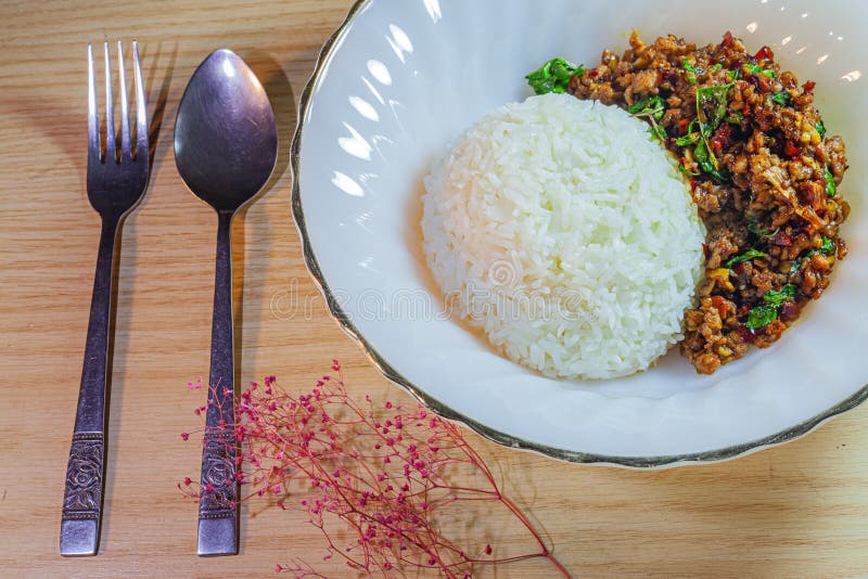 Stir Fried Basil with Minced Pork on Rice Stock Image - Image of ...