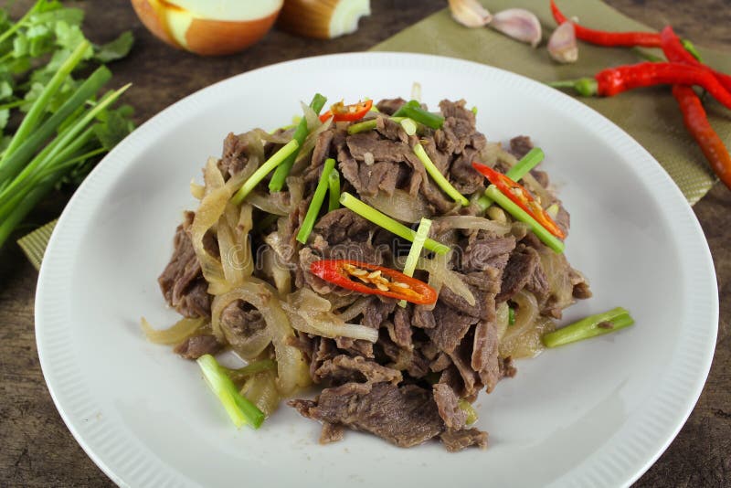 Stir fried beef with onion stock photo. Image of beef - 84389080
