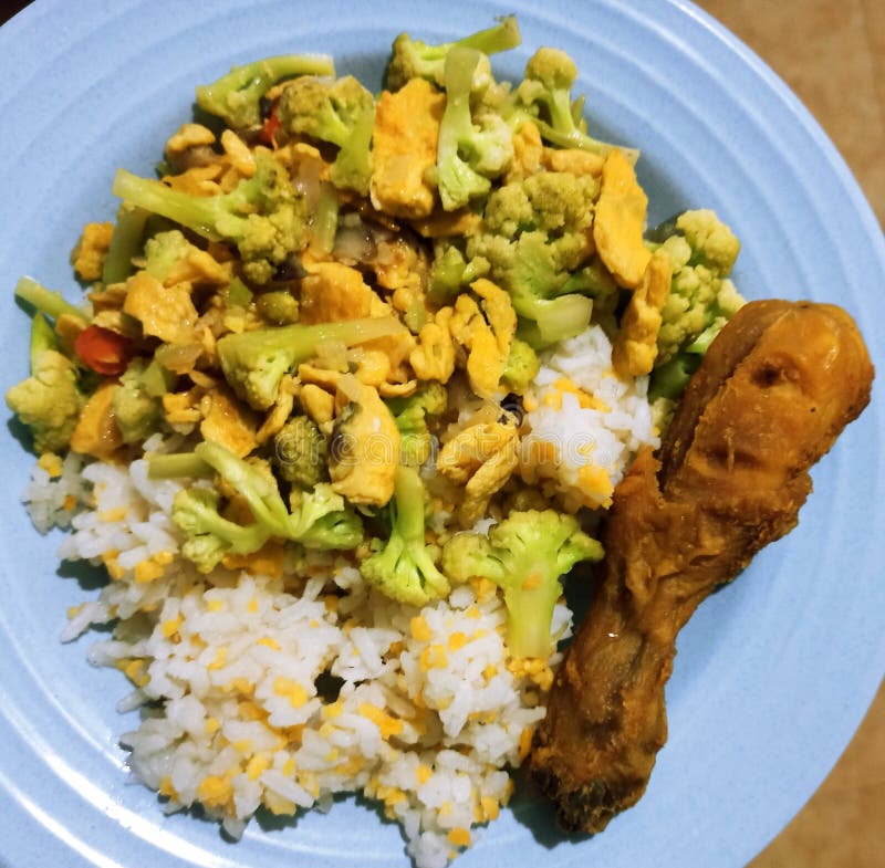 Stir Fried Cauliflower with Fried Chicken and Corn Rice Stock Image ...