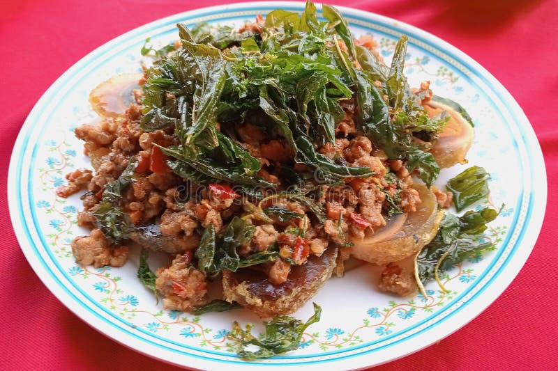 Stir Fried Century Egg with Holy Basil Stock Photo - Image of pork ...