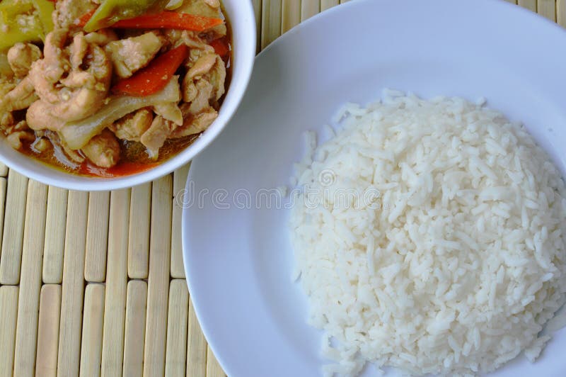 Stir Fried Chicken with Long Sweet Chili and Plain Rice Stock Photo ...
