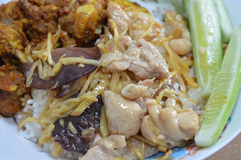 Stir-fried Chicken with Slice Ginger and Black Mushroom on Rice Stock ...
