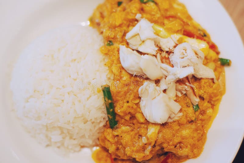 Stir Fried Crab with Yellow Curry Powder and White Rice Stock Image ...